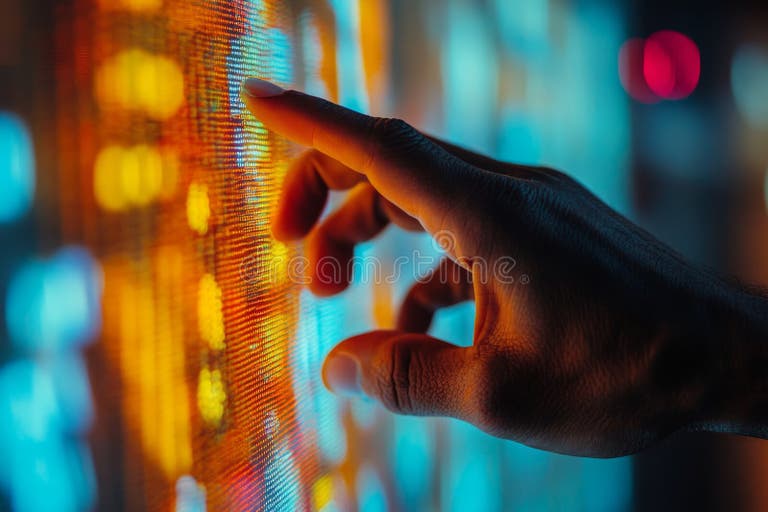 Hand Touching Interactive Digital Touchscreen with Glowing Pixels in ...