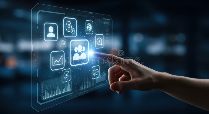 Hand touching interface stock illustration. Illustration of data ...