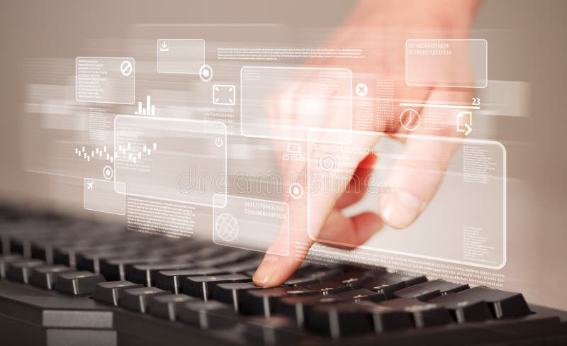 Hand Touching Keyboard with High Tech Buttons Stock Image - Image of ...