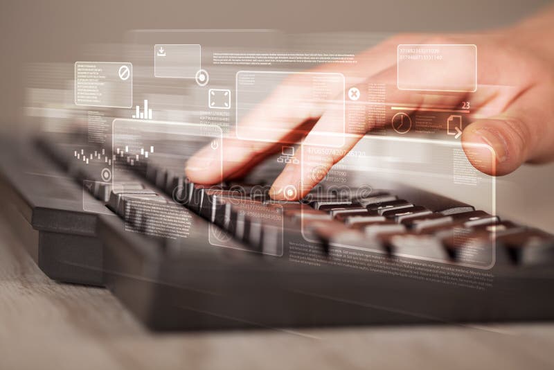 Hand Touching Keyboard with High Tech Buttons Stock Photo - Image of ...