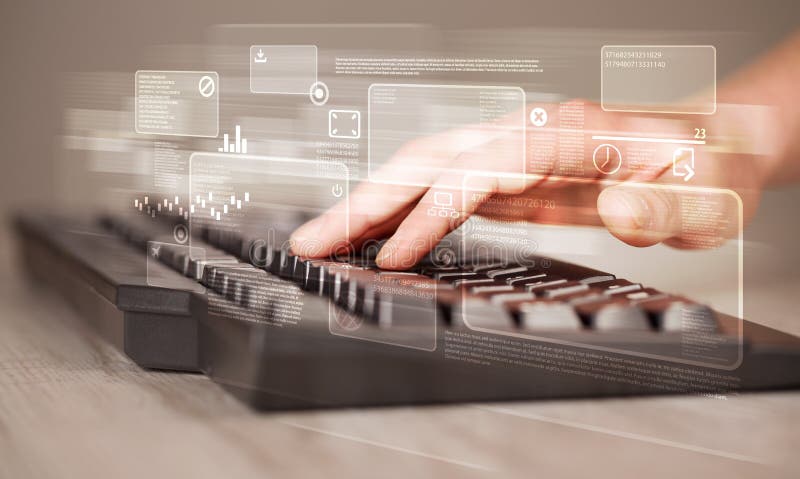 Hand Touching Keyboard with High Tech Buttons Stock Photo - Image of ...