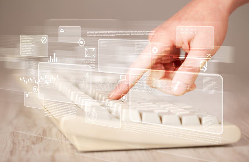 Hand Touching Keyboard with High Tech Buttons Stock Image - Image of ...