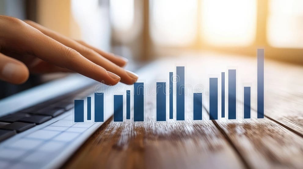 Hand Touching Laptop Keyboard with Growing Graph Bars on Wooden Table ...