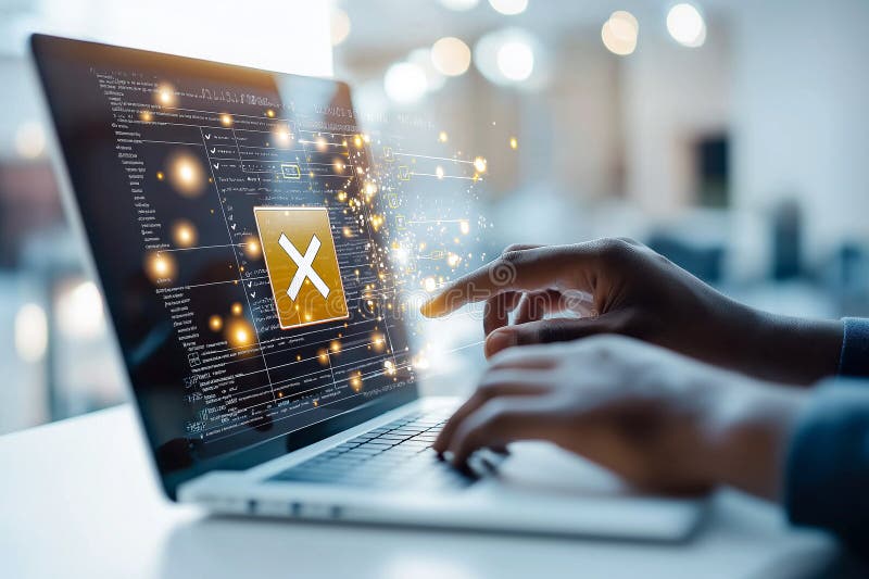 Hand Touching Laptop Screen with Glowing Graphics and Icons Symbolizing ...