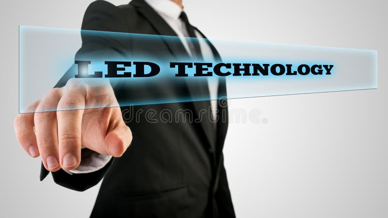 Hand Touching Led Technology Box on Touch Screen Stock Photo - Image of ...