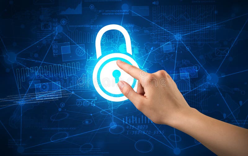 Hand touching lock stock photo. Image of device, gadget - 151789762