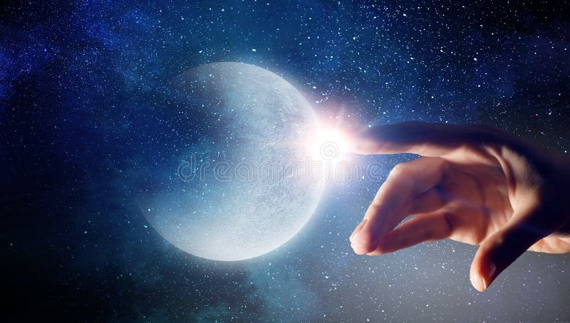 Hand touching the moon stock image. Image of distance - 97492451