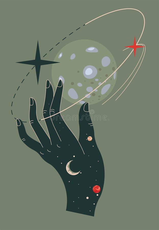 Hand Touching Moon or Fantasy Planet, Outer Space Stock Vector ...