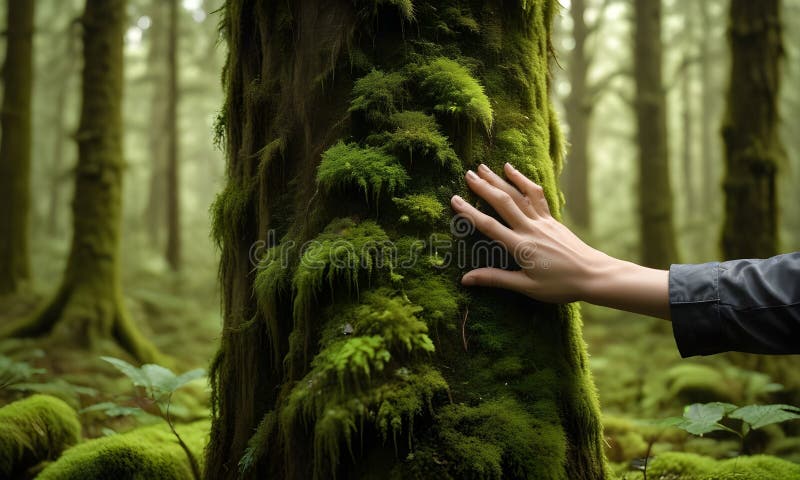 A Hand Touching the Moss-covered Bark of a Tree in a Lush, Green Forest ...