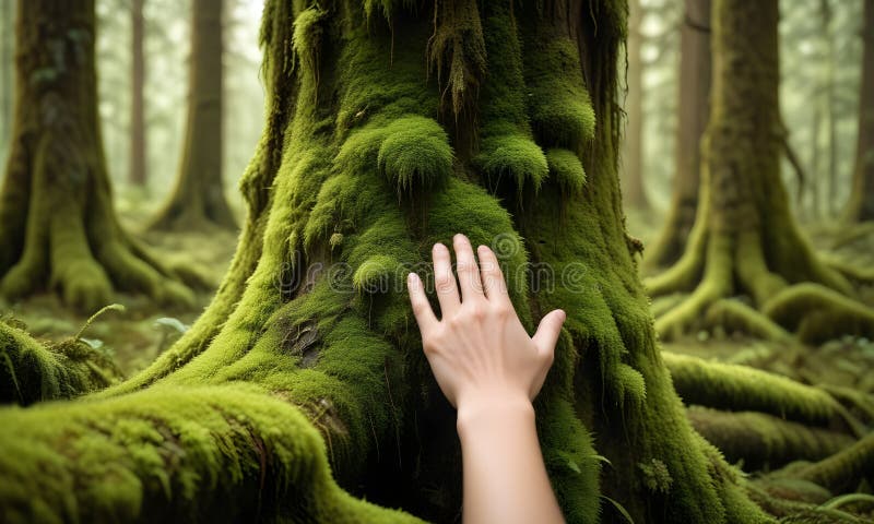 A Hand Touching the Moss-covered Bark of a Tree in a Lush, Green Forest ...
