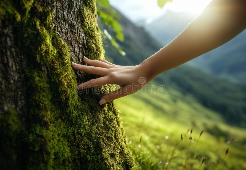 Hand Touching Moss Covered Tree Trunk in Forest Stock Illustration ...