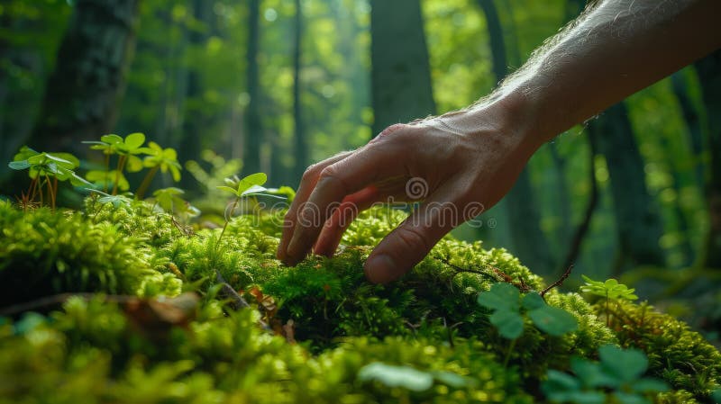Hand Touching Moss in a Forest Setting. Stock Photo - Image of closeup ...