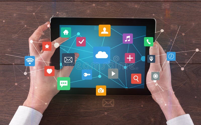 Hand Using Multitask Tablet with Application Symbols and Icons Concept ...