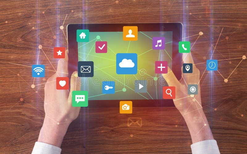 Hand Using Multitask Tablet with Application Symbols and Icons Concept ...