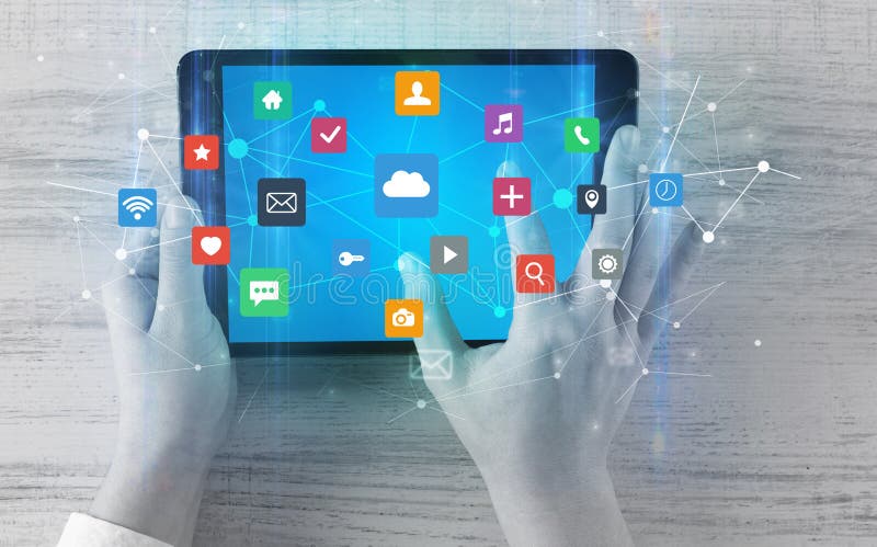 Hand Using Multitask Tablet with Application Symbols and Icons Concept ...