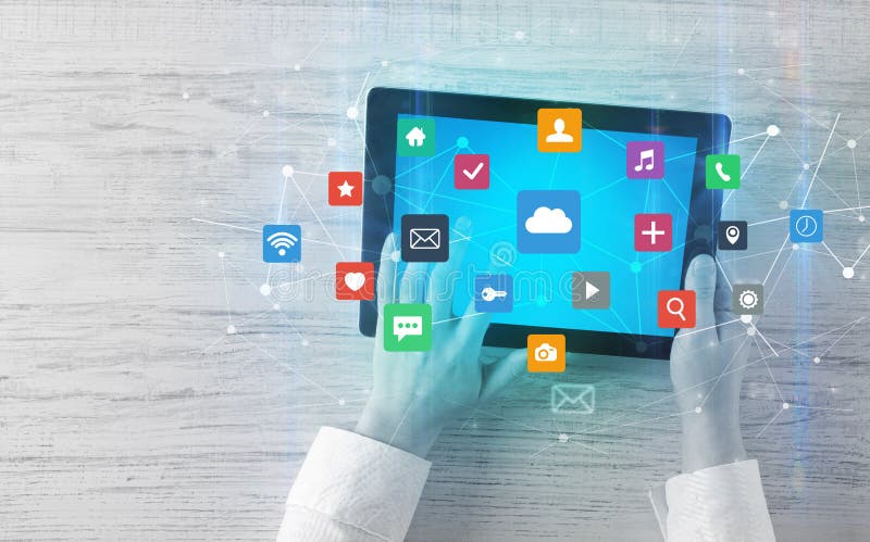 Hand Using Multitask Tablet with Application Symbols and Icons Concept ...