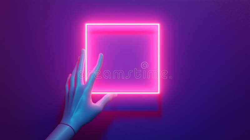 Hand Touching Neon Square with Futuristic Glow Stock Illustration ...