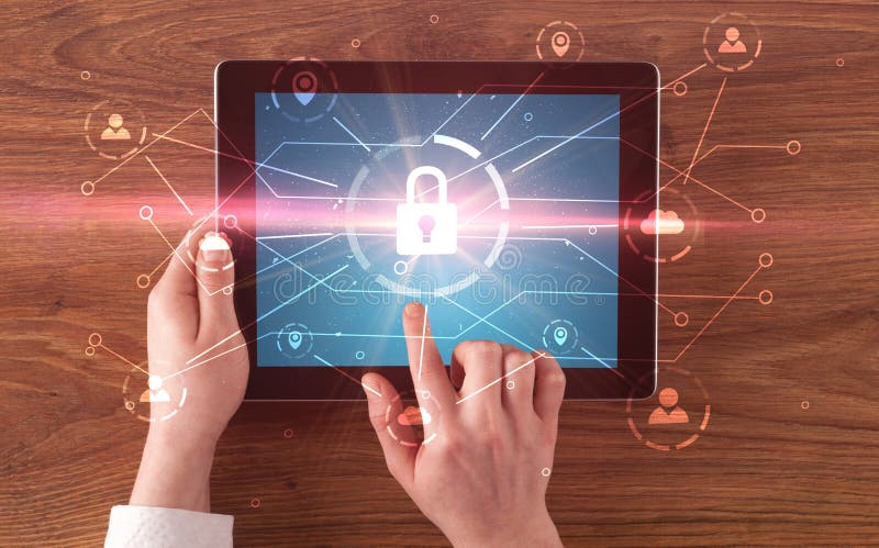 Hand Using Tablet with Network Security and Online Storage System ...