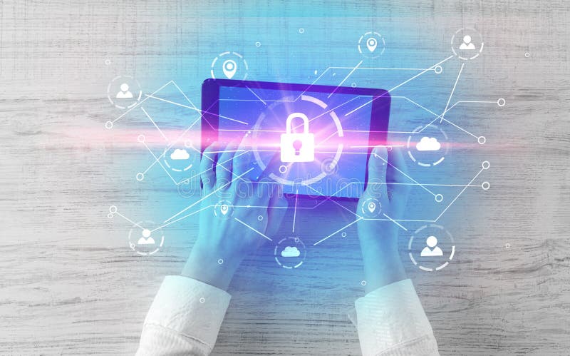 Hand Using Tablet with Network Security and Online Storage System ...