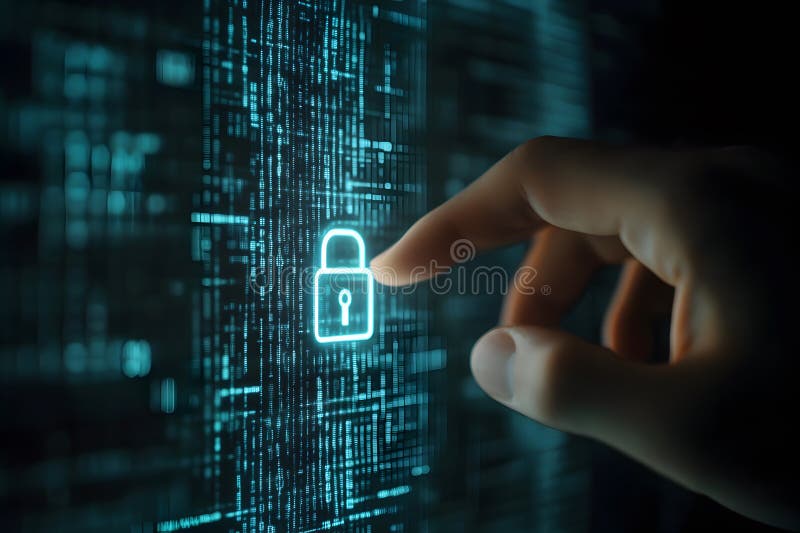 A Hand Touching a Padlock on a Transparent Screen Stock Photo - Image ...