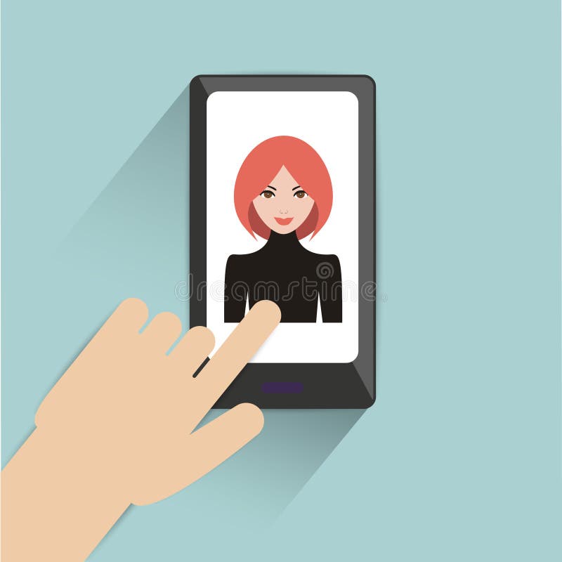 Hand Touching Phone with Woman Picture Stock Vector - Illustration of ...
