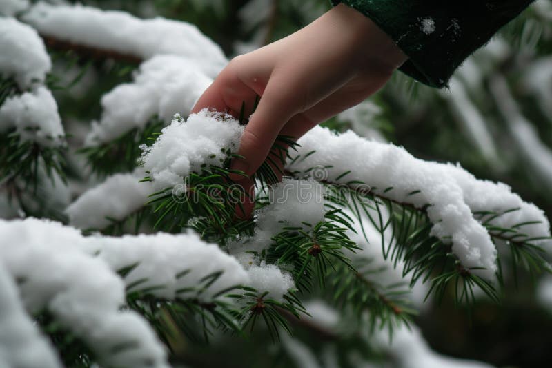 Hand Touching a Pine Branch Heavy with Fresh Snow Stock Image - Image ...