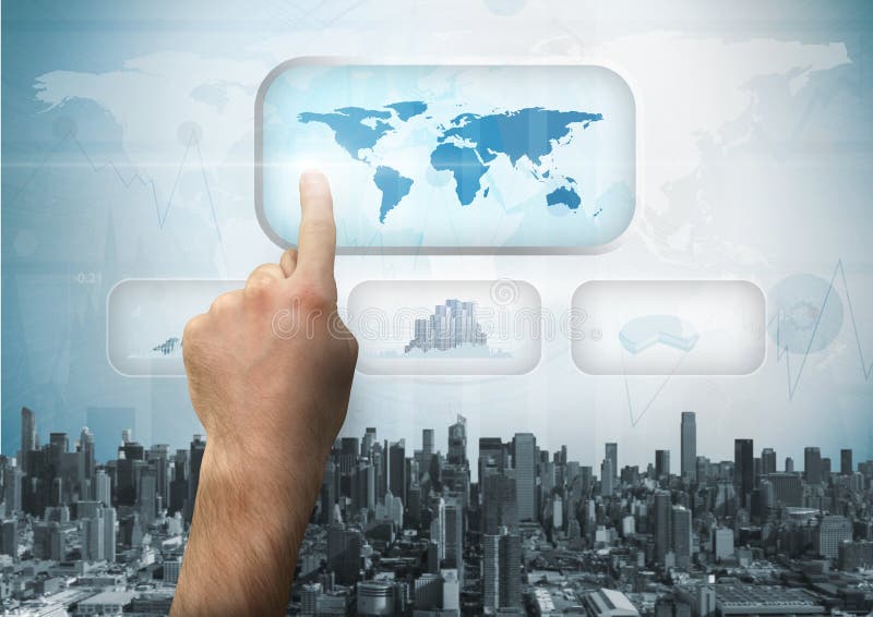 Hand Touching Pointing at City with World Map Stock Photo - Image of ...