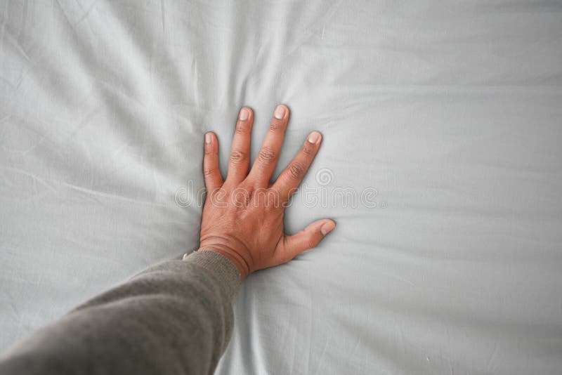 Hand Touching and Pressing Orthopedic Mattress on Bed. Stock Image ...