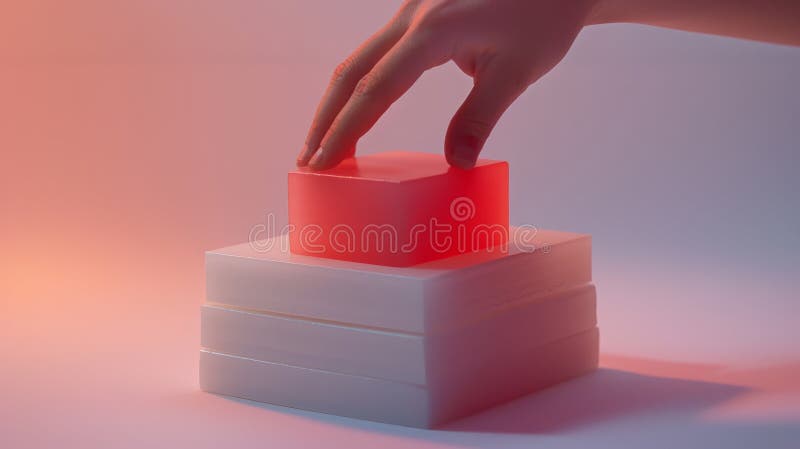 Hand Touching a Red Block on Top of White Stacked Blocks. Stock Photo ...
