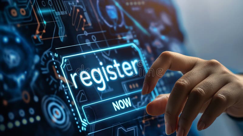Hand Touching Register Now Button on Electronic Device Screen Stock ...