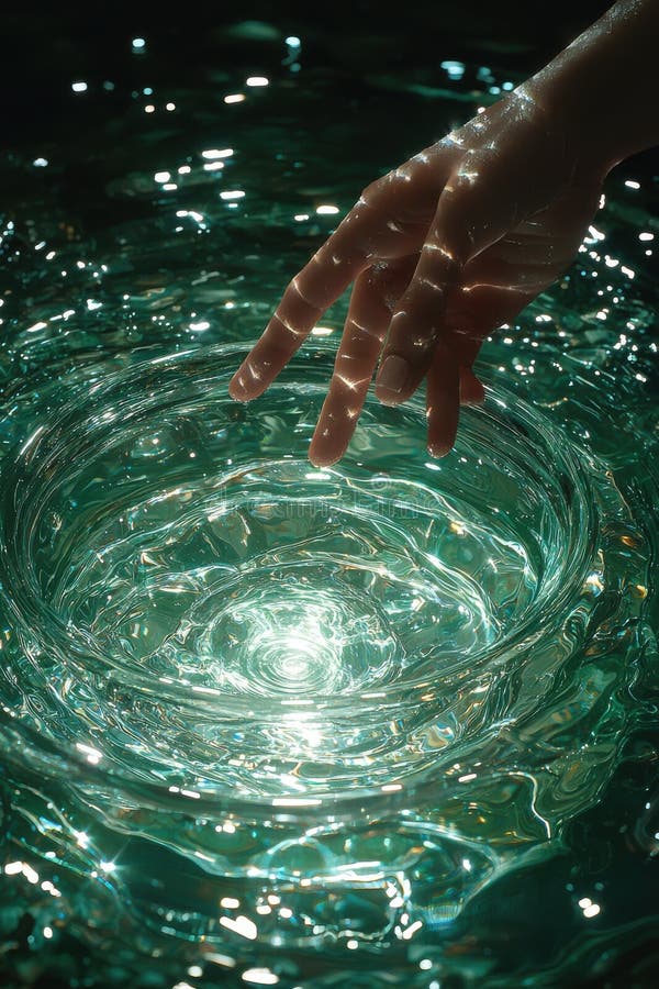 Hand Touching Rippling Water Illuminated by Mystical Radiant Light ...