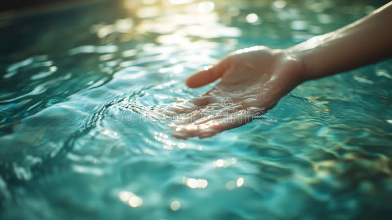 Hand Touching Rippling Water Surface in a Sunlit Pool. Stock Image ...