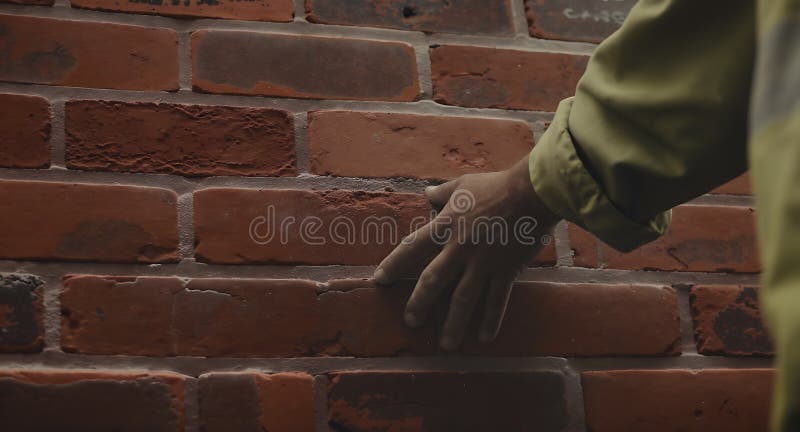 Hand Touching Rough Brick Wall Construction with Old Brickwork Detail ...