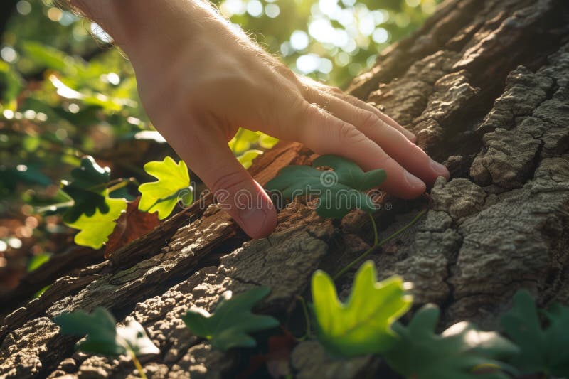 Hand Touching Rough Oak Bark, with Sunlight Filtering through Leaves ...