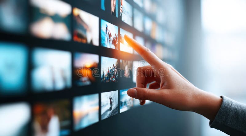 A Hand Touching a Screen, Choosing or Interacting with Media Content ...