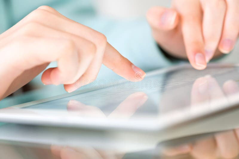 Hand Touching Screen on Modern Digital Tablet . Stock Photo - Image of ...