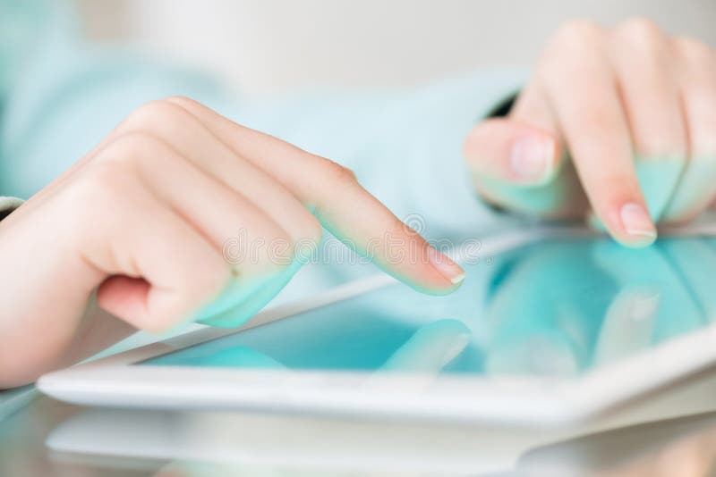 Hand Touching Screen on Modern Digital Tablet . Stock Image - Image of ...