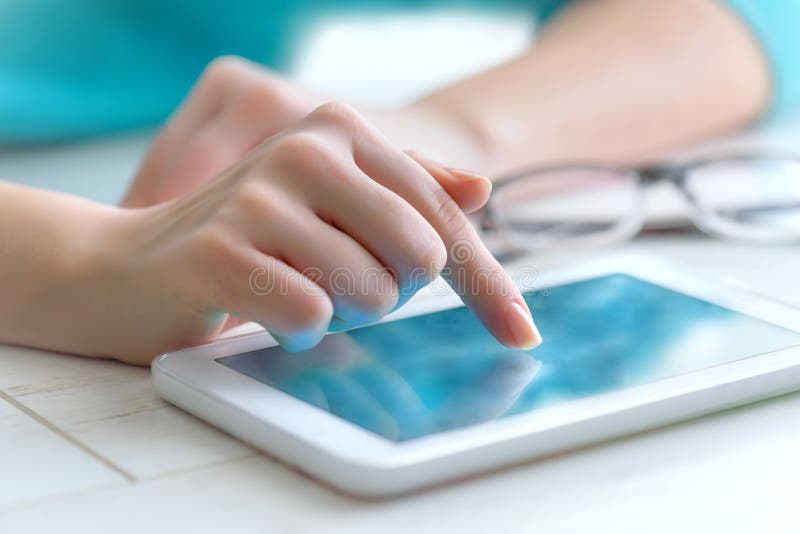 Hand Touching Screen on Modern Digital Tablet Pc. Stock Image - Image ...
