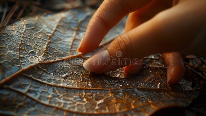 A Hand Touching a Skeleton Leaf. Stock Image - Image of fingertips ...