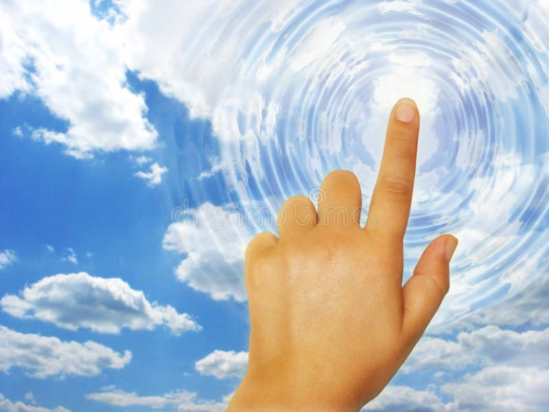 Hand touching the sky stock photo. Image of reflection - 9960440