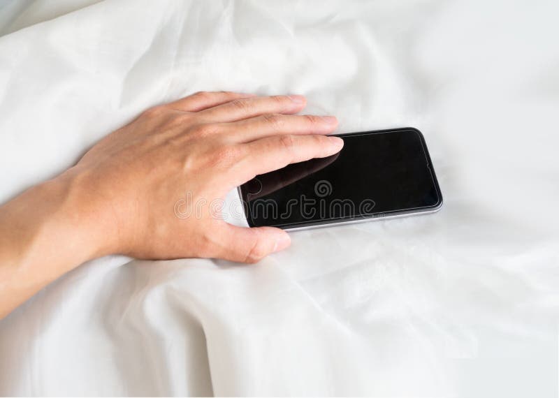 Hand Touching on Smart Phone in the Bed Stock Photo - Image of cell ...
