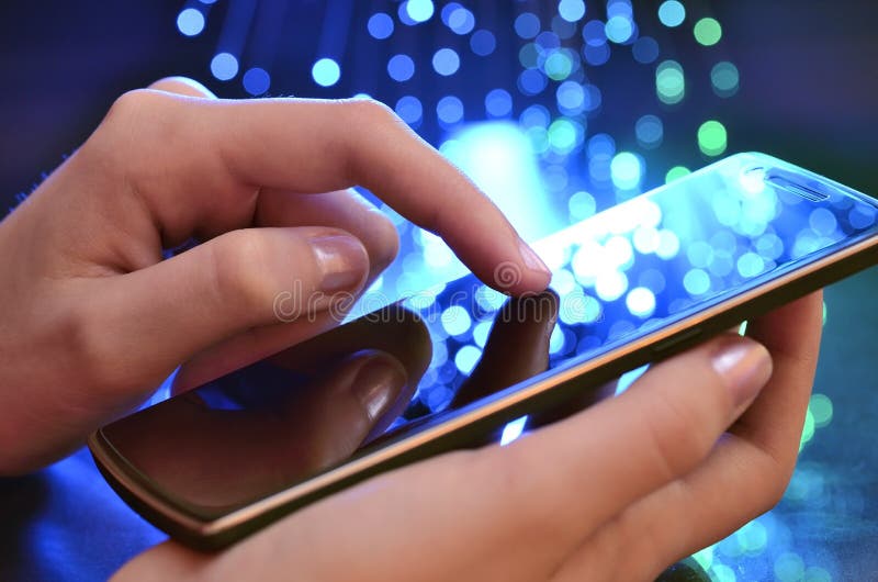 Hand Touching Smart Phone on Colorful Background Stock Photo - Image of ...
