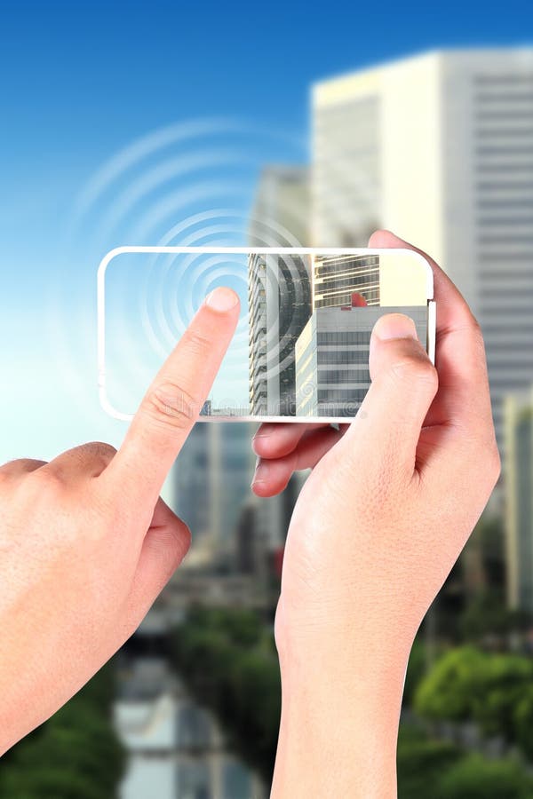 Hand Touch Mobile Phone with Mobile Friendly Word with Search Bo Stock ...