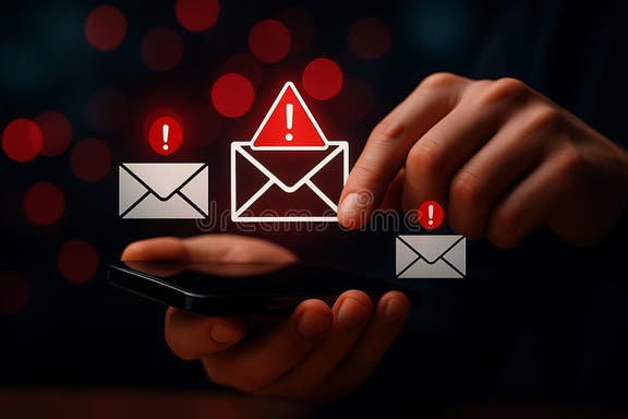 Hand Touching Smartphone with Email Alert Notifications and Red Warning ...