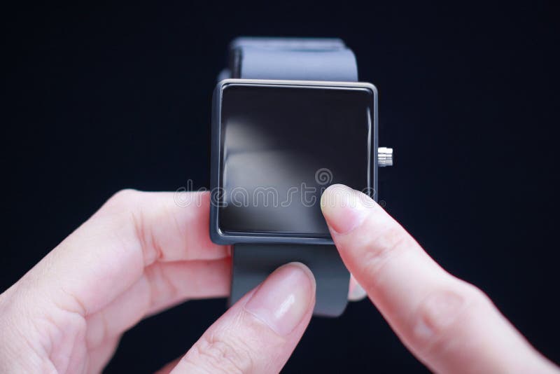 Hand touching smartwatch stock image. Image of hand, smartwatch - 93456757