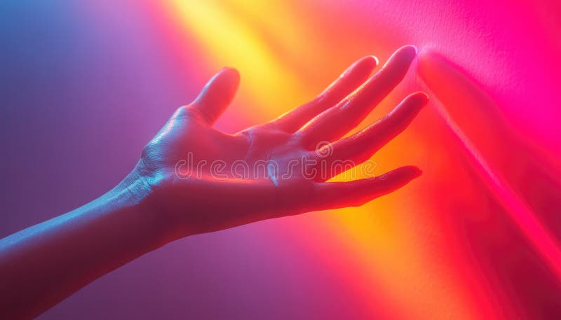 Hand Touching a Soft Gradient Light Surface with Vibrant Neon Colors ...