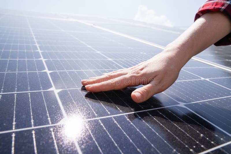 Hand Touching a Solar Panel Stock Image - Image of environment, clean ...