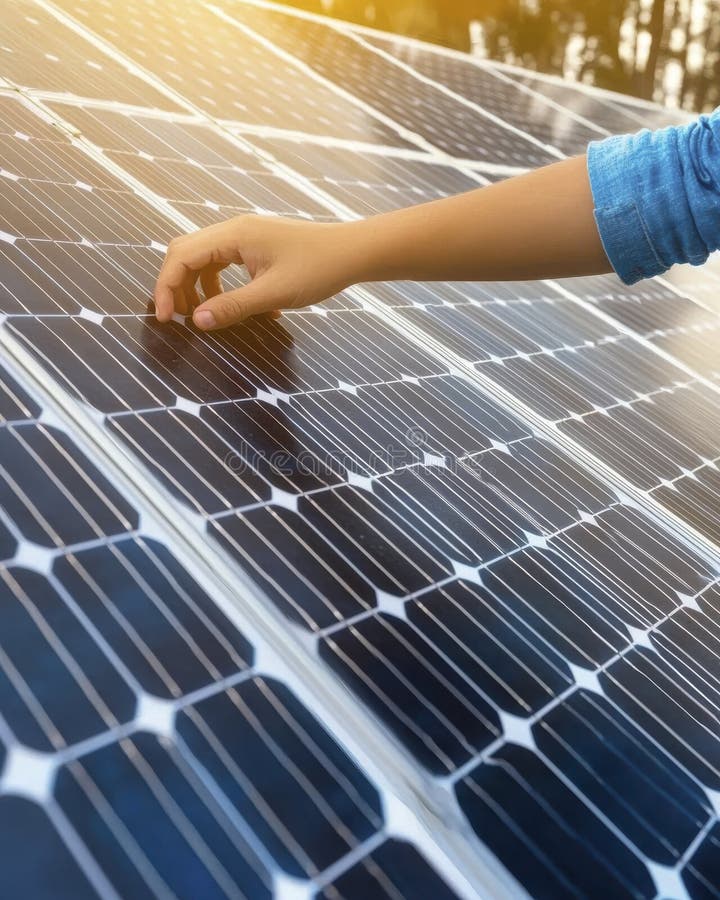 Hand Touching Solar Panel Close Up View of Clean Energy Technology in ...