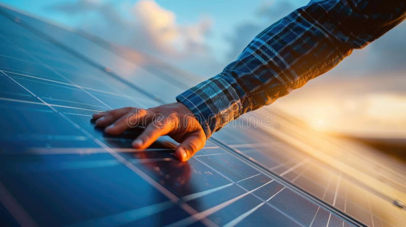 A Hand Touching a Solar Panel on a Roof, Symbolizing Eco-friendly ...