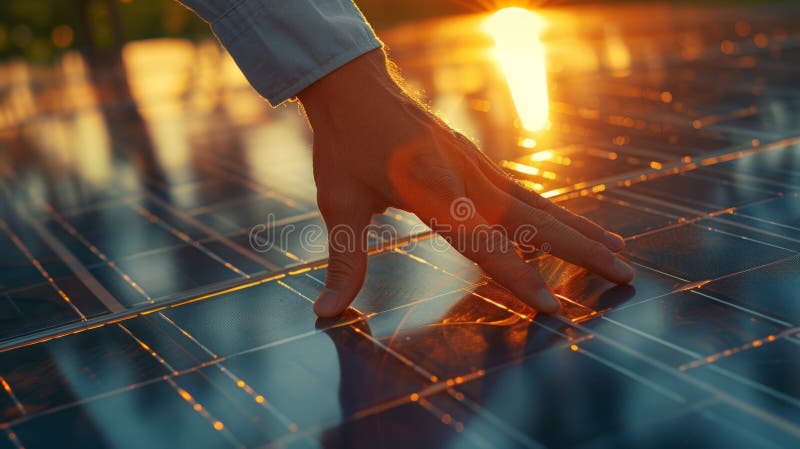 The Hand Touching Solar Panel. AI Generated Stock Photo - Image of ...